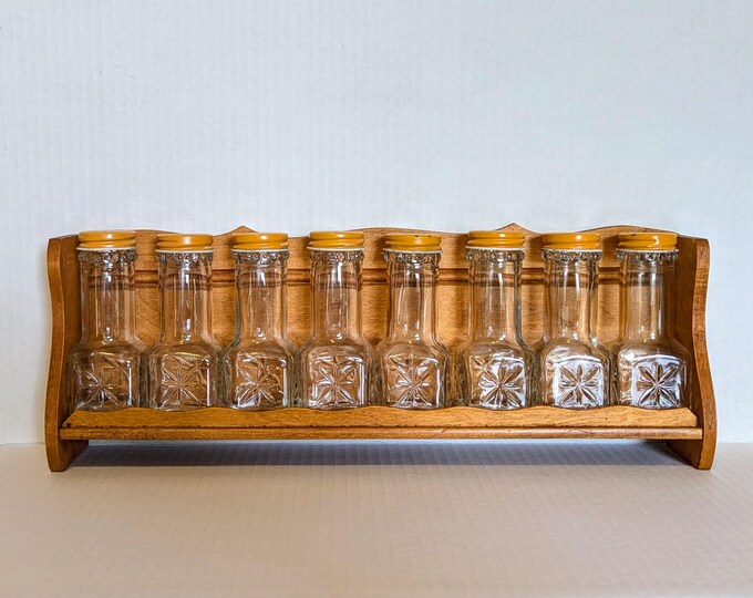 Vintage 8 Piece Spice Jar Set With Wooden Rack | Mid-century Kitchen ...