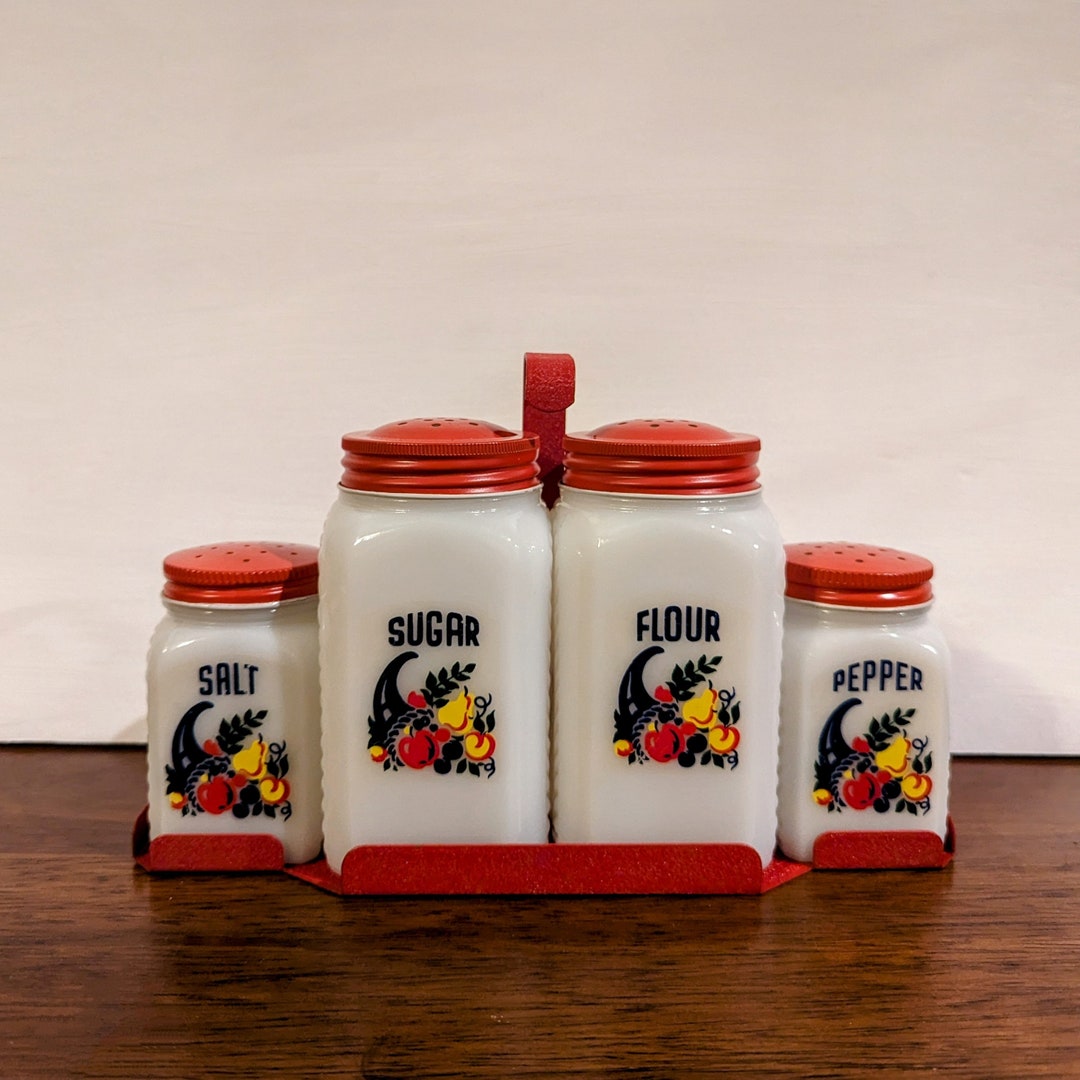 Vintage Hazel Atlas Cornucopia Shaker Container Set • 1930s Milk Glass ...