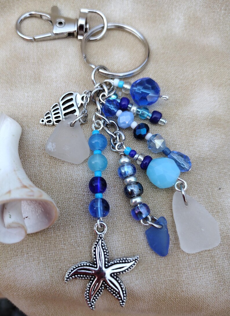 Seafoam Green or Blue Beaded Sea Glass Keychain, Whimsical Starfish Key ...