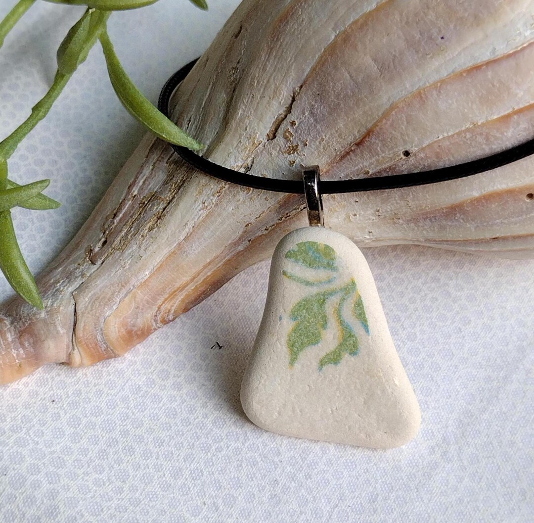 BOHO White Pottery Shard Necklace, White Glazed Sea Pottery With Green ...