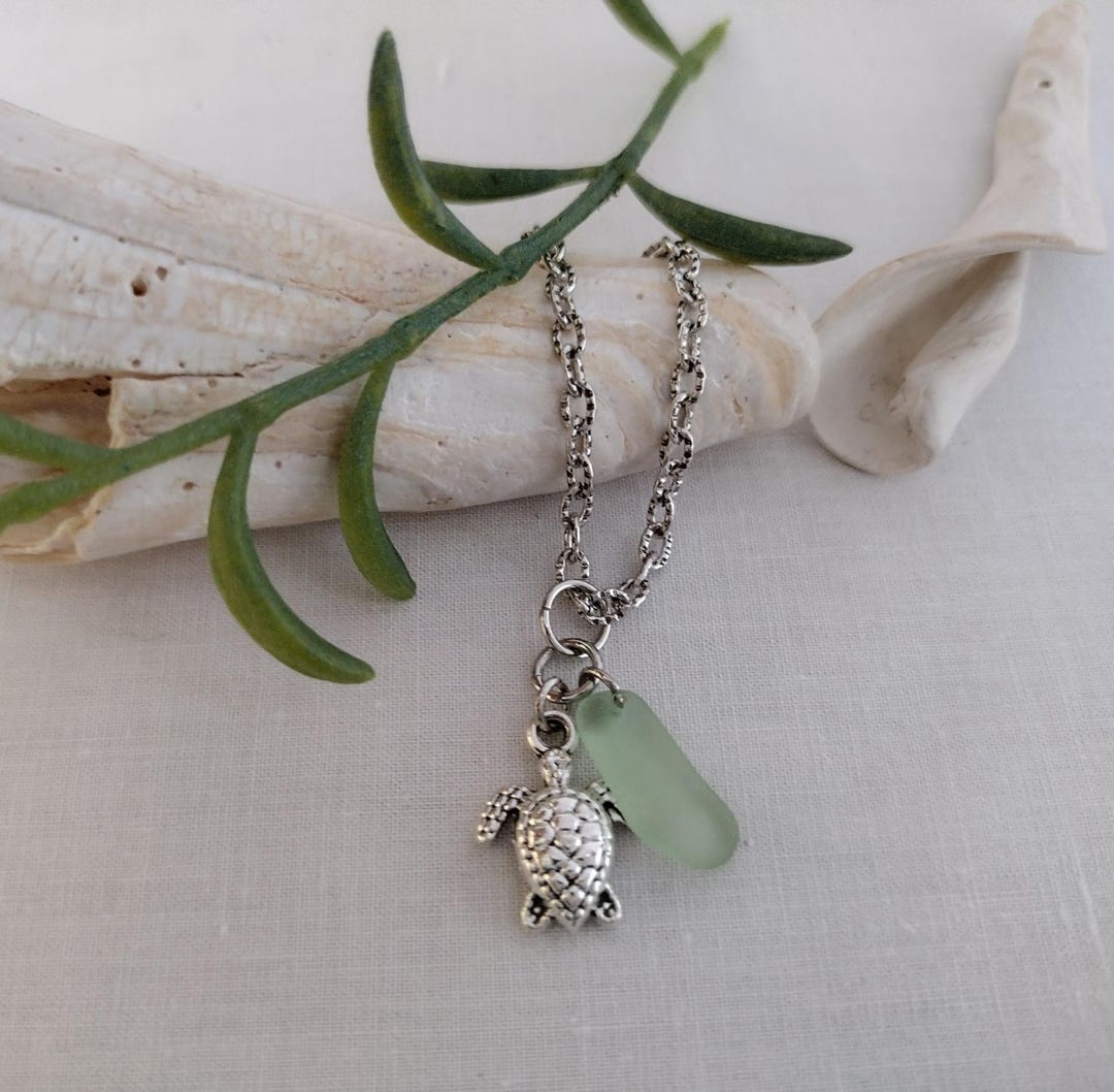 Seafoam Green Sea Glass & Turtle Charm Necklace, Silver Plated Terrapin ...