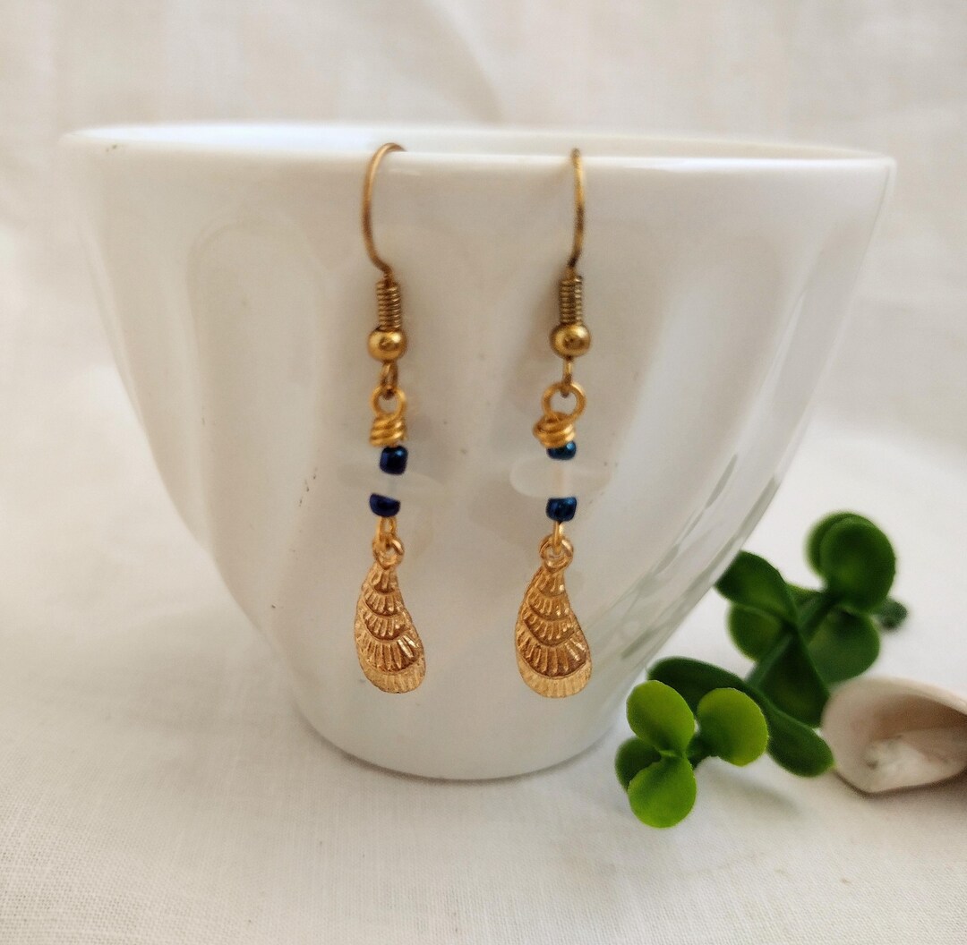 Gold Oyster Shell & Sea Glass Dangle Earrings, Navy Glass Beaded ...
