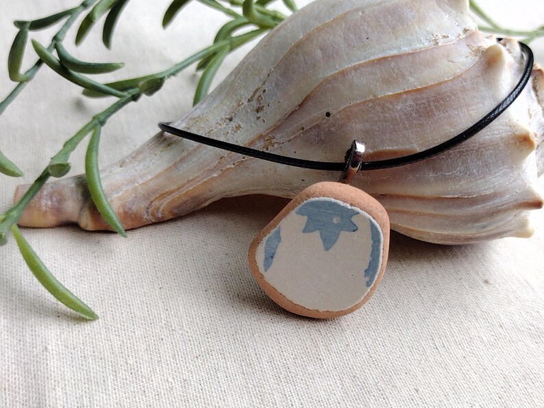 Puerto Rican Terra Cotta Pottery Shard Necklace, White and Blue Floral ...