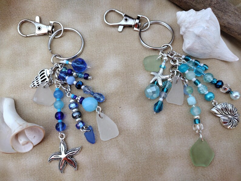 Seafoam Green or Blue Beaded Sea Glass Keychain, Whimsical Starfish Key ...