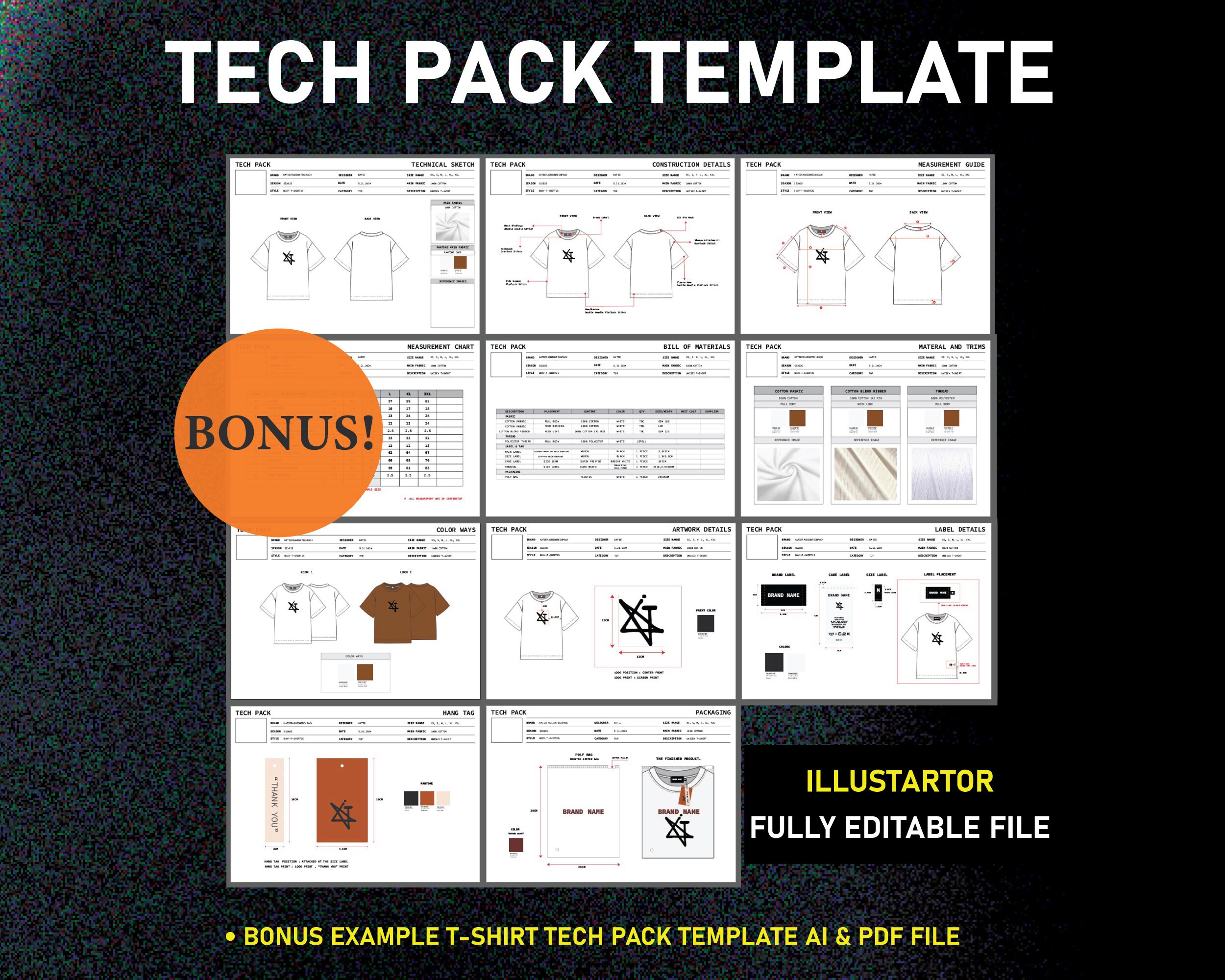 T-shirt Tech Pack Template: Fashion Design Vector Mockup (illustrator ...