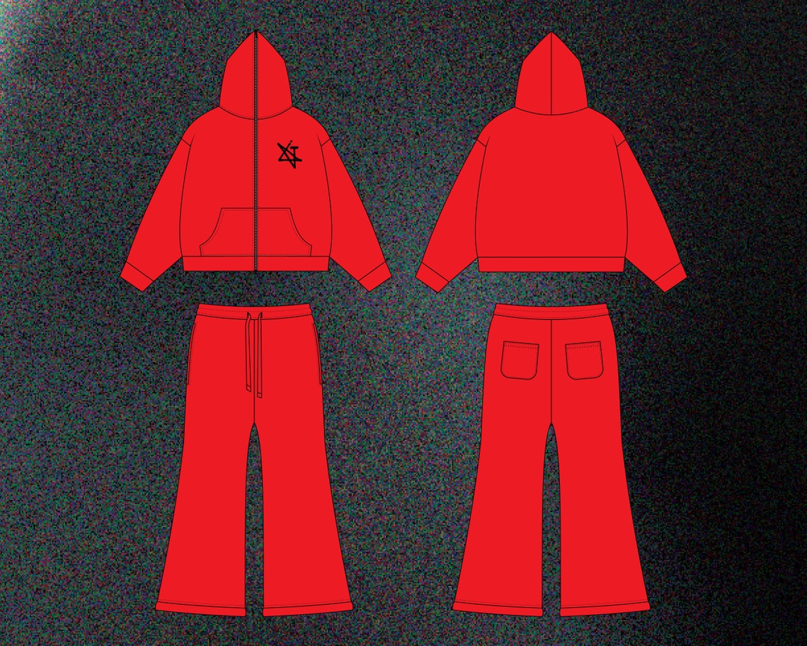 Flared Tracksuit Vector Mockup: Full Zip Hoodie Tech Pack (AI, PNG) - Etsy