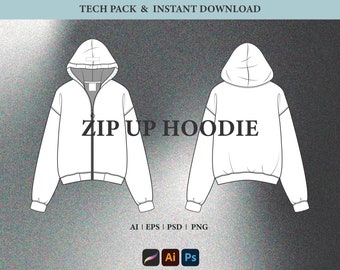 Zip up Hoodie Women Clothing Mockup Vector Streetwear Hoodie Tech Pack ...