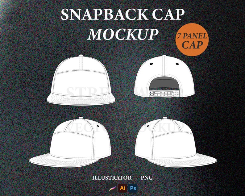 Snapback Cap Vector Mockup Hat 7 Panel Cap Snapback Mockup Template Streetwear Tech Pack ...