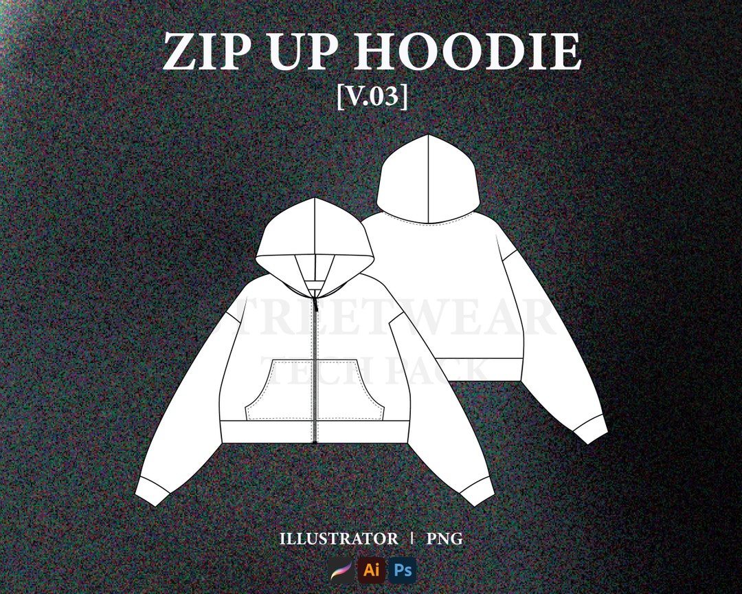 Zip up Hoodie Vector Mockup Zip up Hoodie Mockup Streetwear Hoodie Tech Pack Clothing Mockup ...