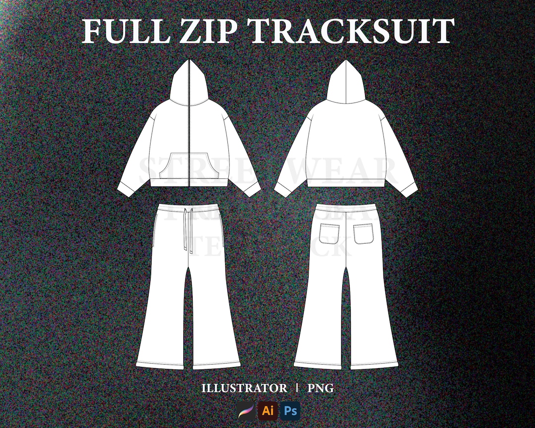 Flared Tracksuit Vector Mockup Streetwear Hoodie Tech Pack Template ...