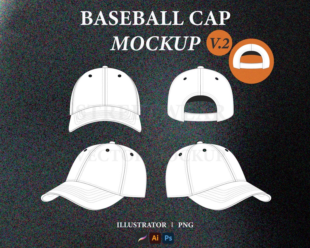 V.2 Baseball Hat Vector Mockup Baseball Cap Tech Pack Template Hat ...