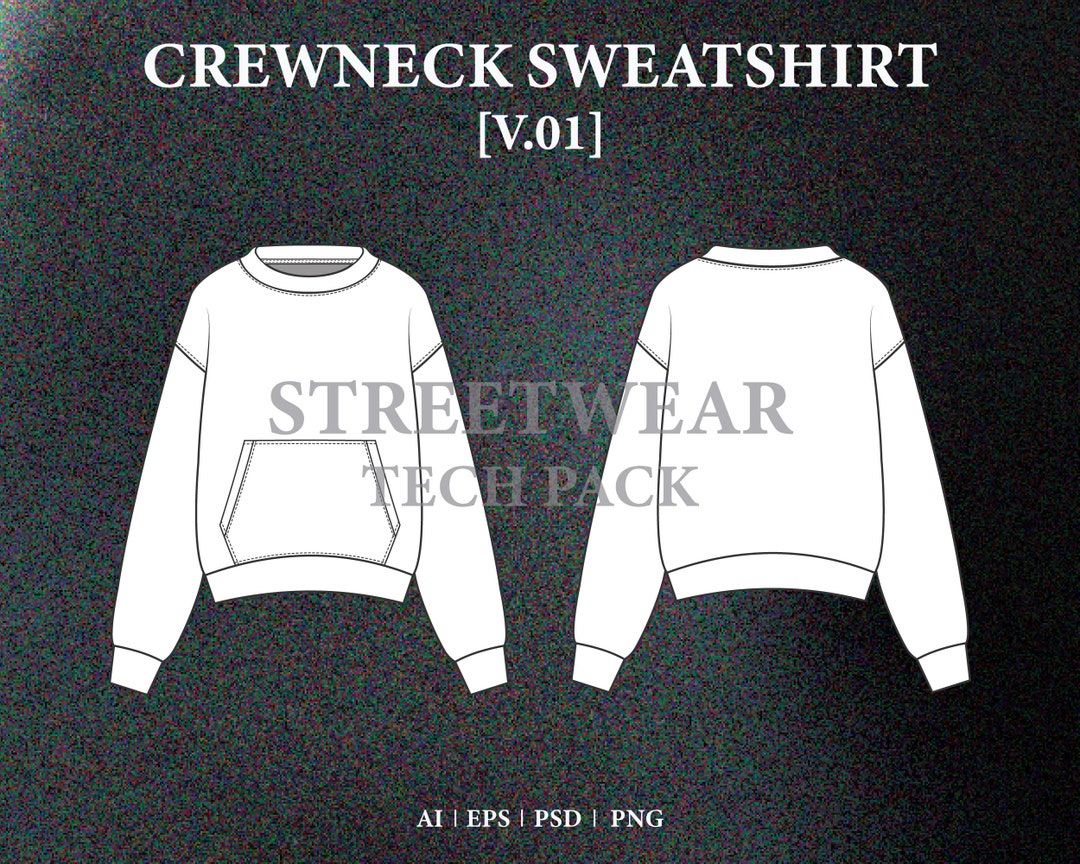 Crewneck Sweatshirt Mockup Tech Pack Streetwear Vector Mockup Blank ...