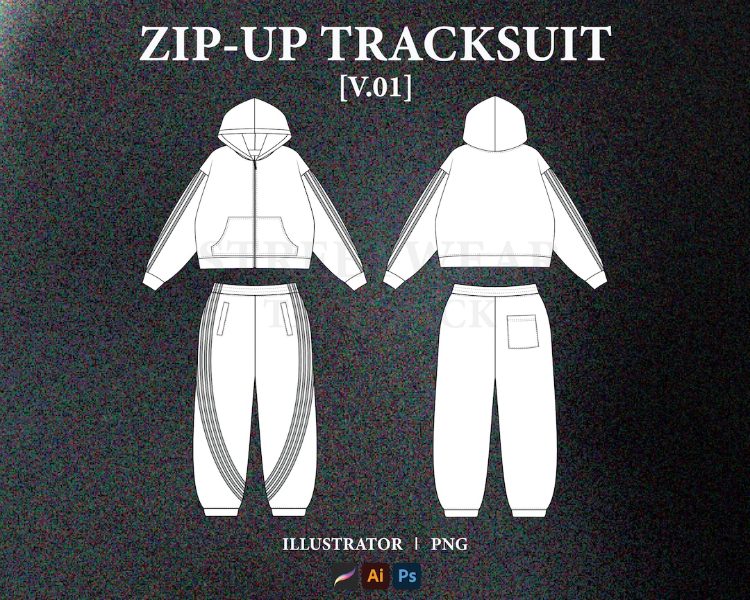 Streetwear Zip-up Tracksuit Vector Mockup Track Pants Tech Pack Fashion ...