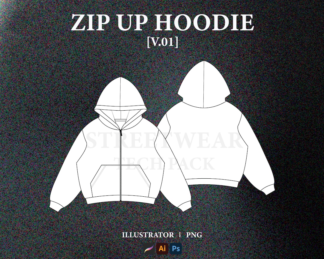 Streetwear Zip up Hoodie Vector Mockup: Clothing Tech Pack (AI & PNG ...