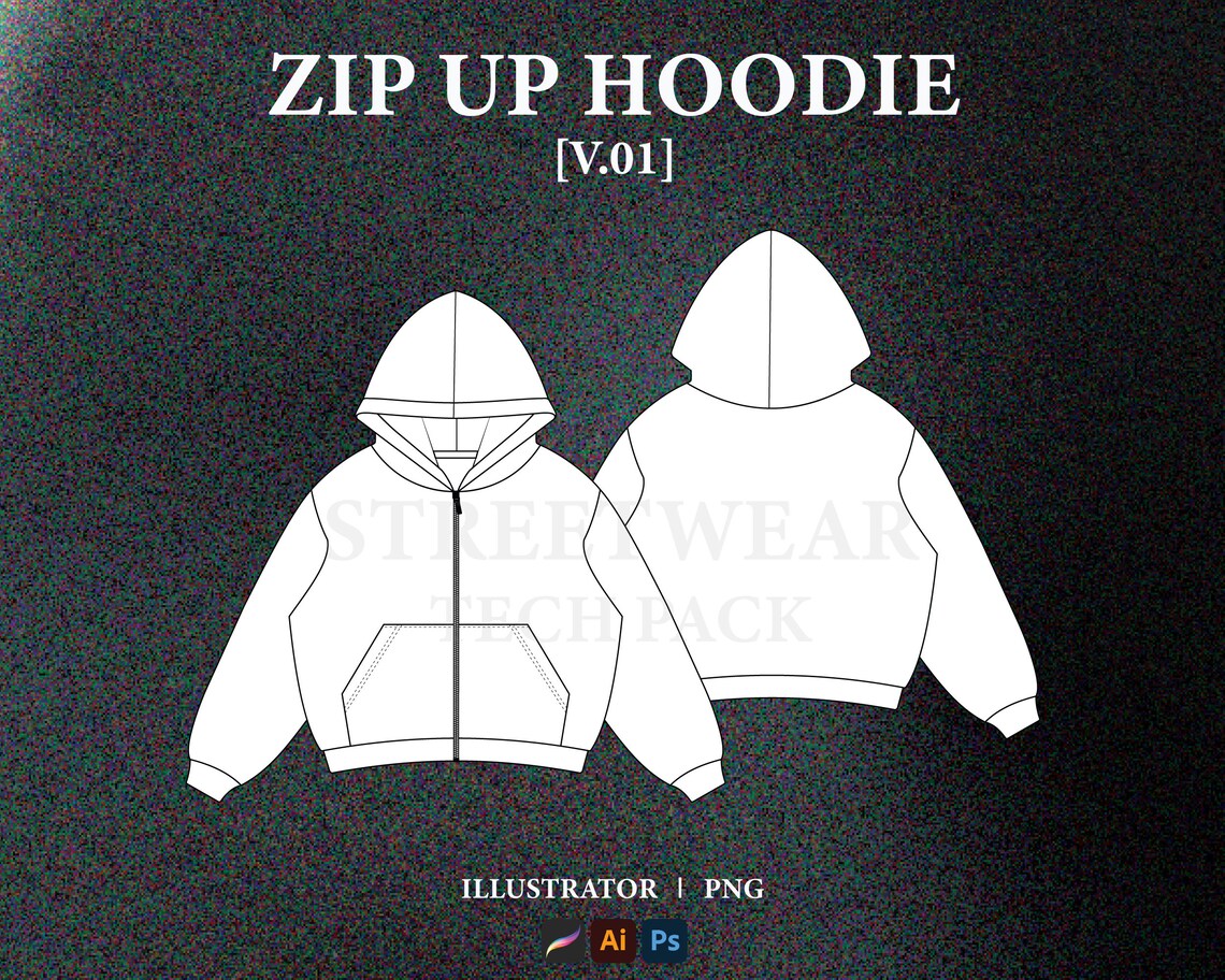 Streetwear Zip up Hoodie Vector Mockup: Clothing Tech Pack (AI & PNG ...