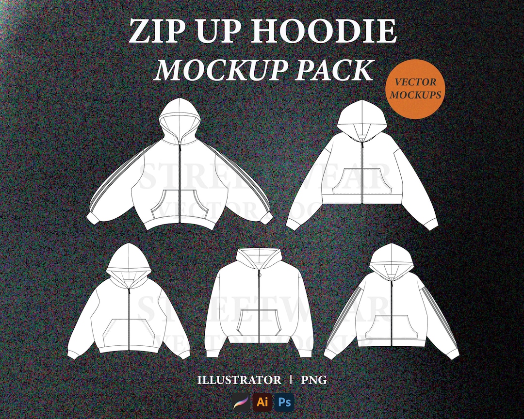 Zip up Hoodie Mockup: Streetwear Vector Tech Pack (AI, PNG) - Etsy