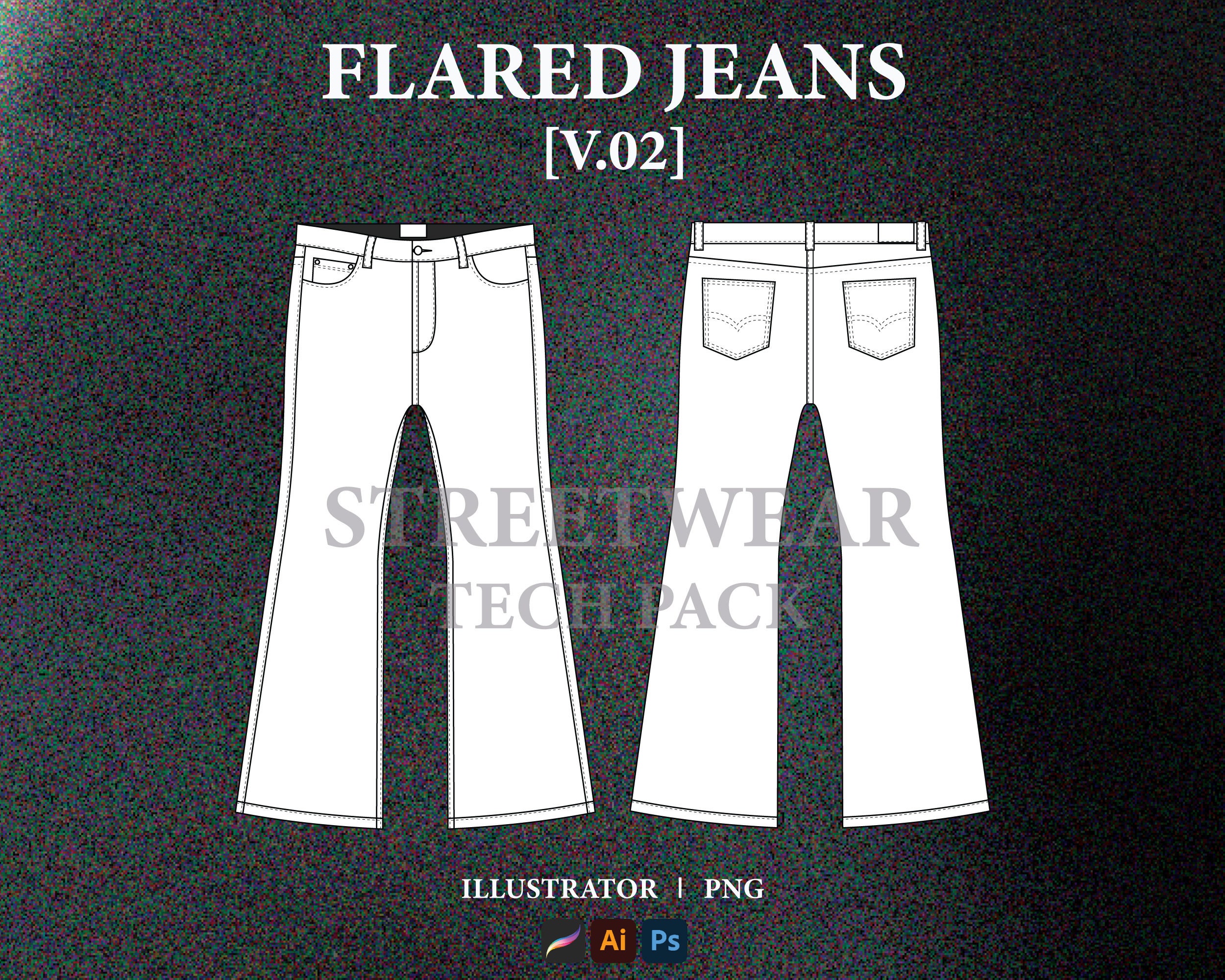 Streetwear Flared Jeans Vector Mockup Denim Jeans Tech Pack Clothing ...