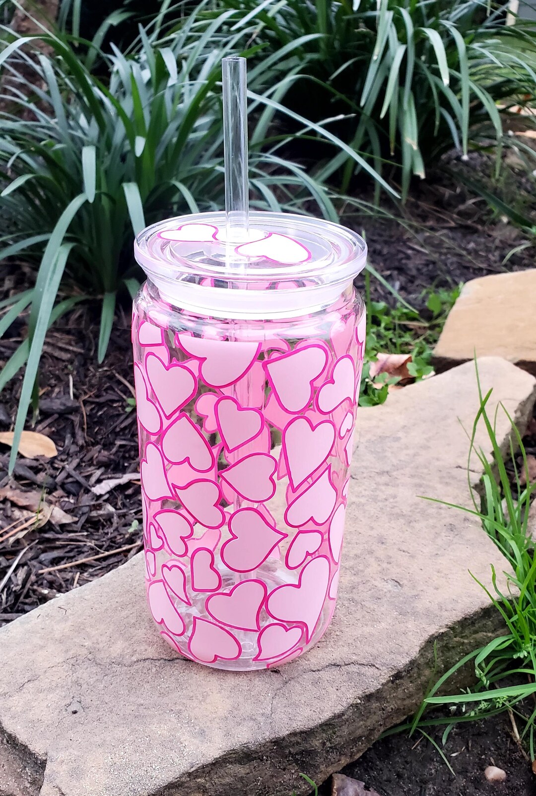 19 Oz | Hearts | Pink | Clear Plastic Cup With Lid and Straw | on the ...