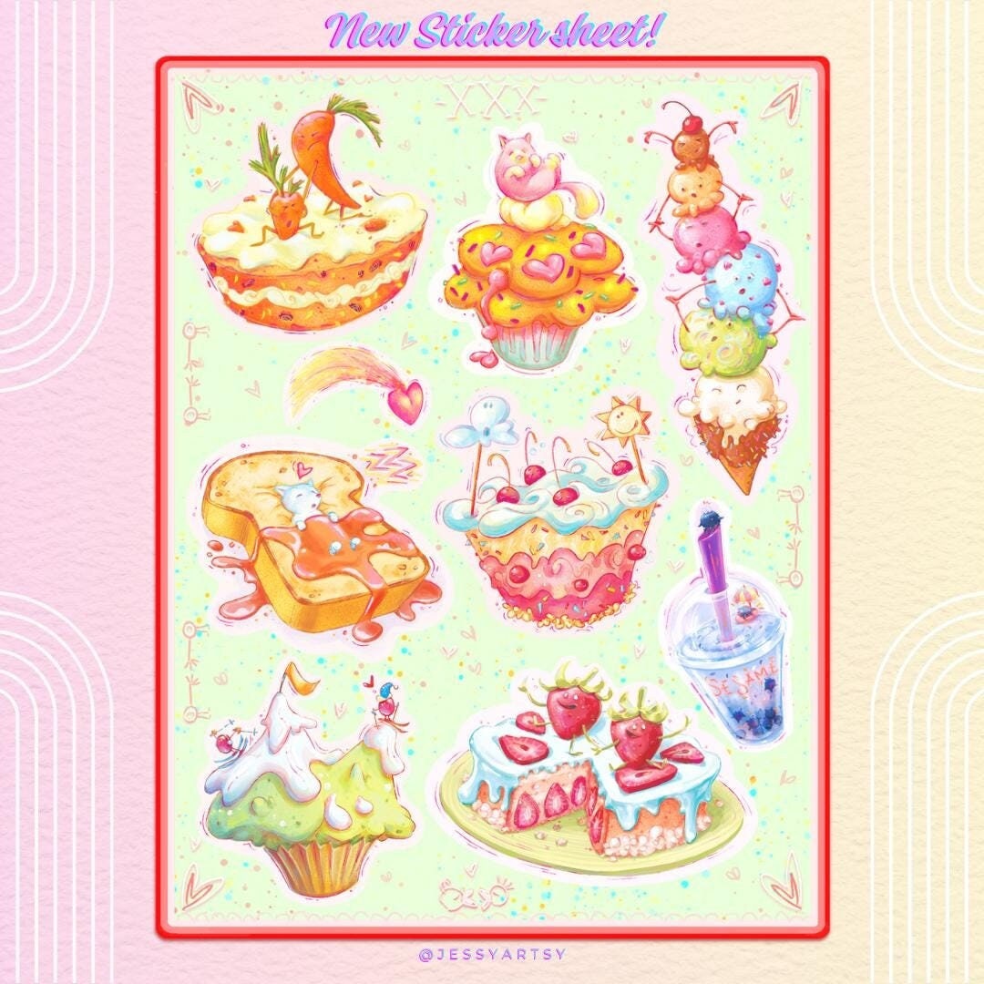 Cute Desserts Lovers Sticker Sheet, Matte Vinyl Vibrant Color, Laptop ...