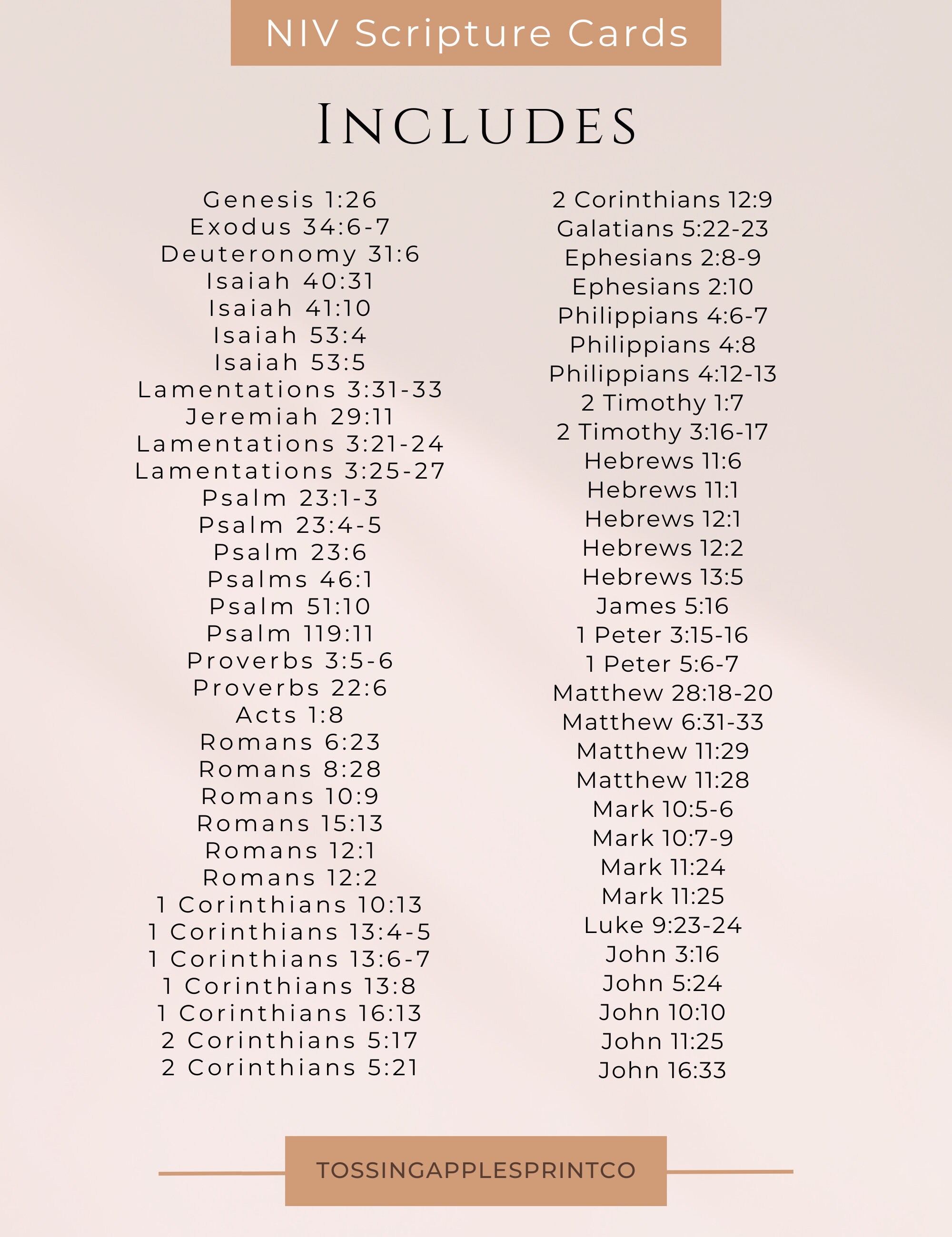 64 Bible Verse Cards, NIV Printable Scripture Cards, Bible Memory Verse ...