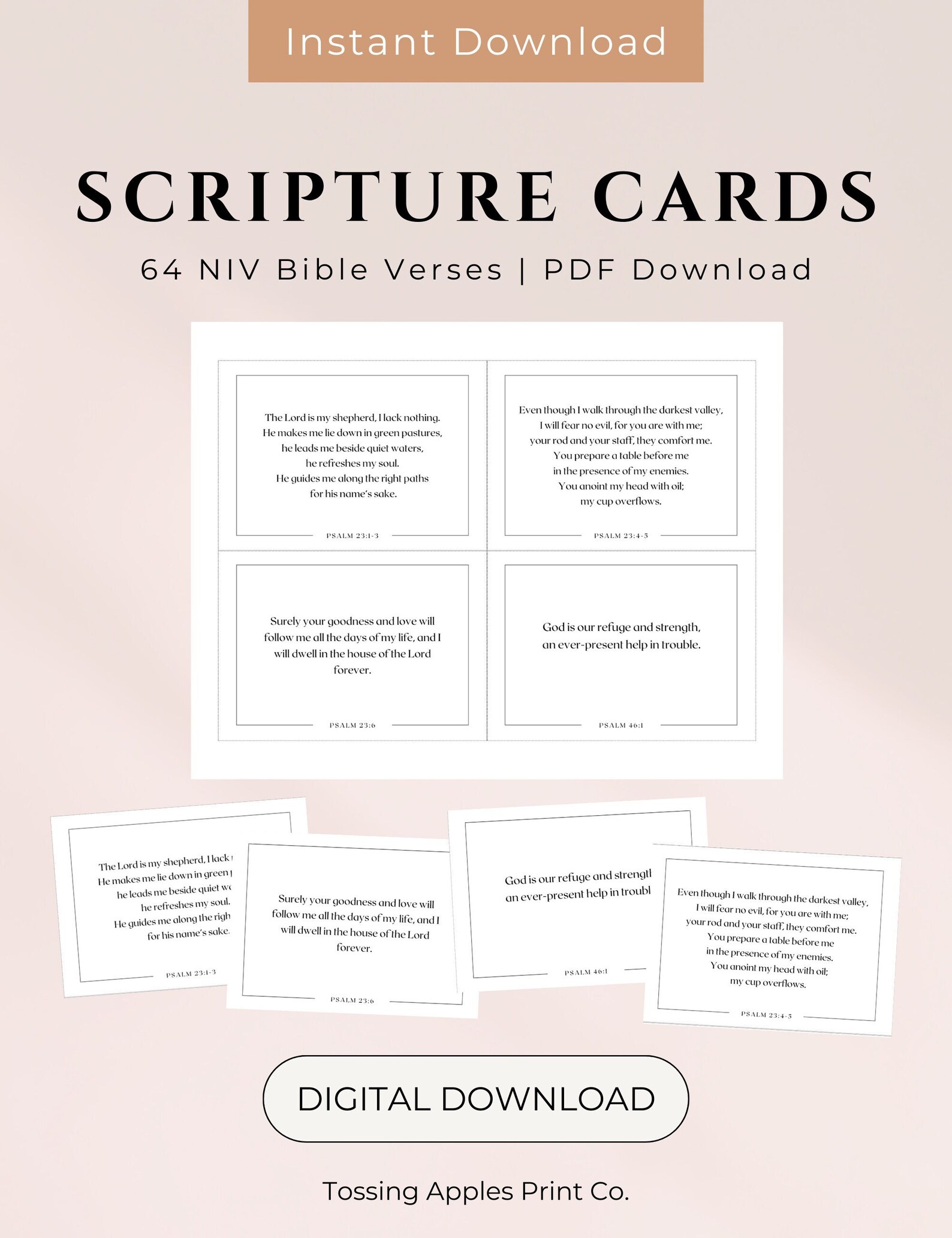 64 Bible Verse Cards, NIV Printable Scripture Cards, Bible Memory Verse ...