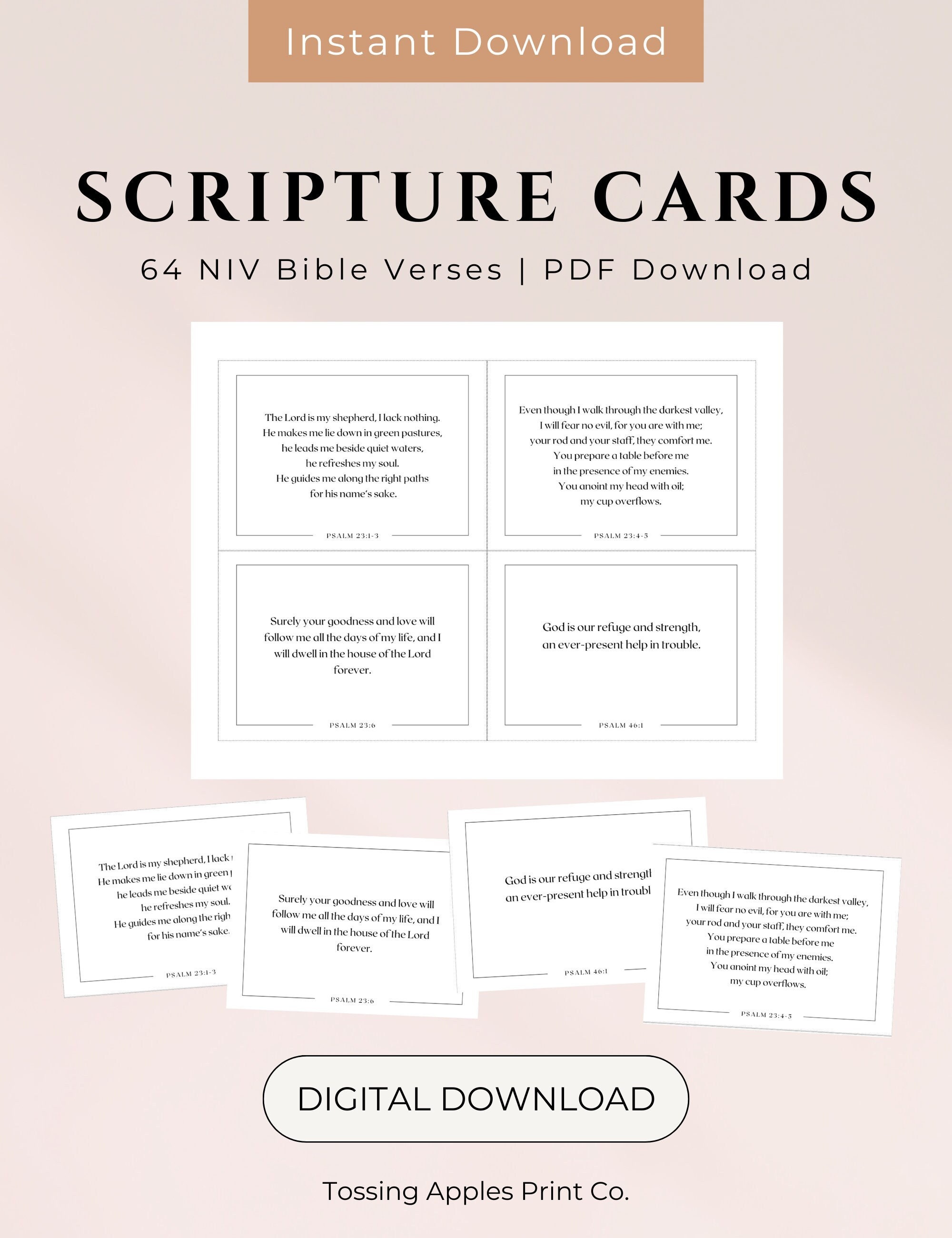 64 Bible Verse Cards, NIV Printable Scripture Cards, Bible Memory Verse ...