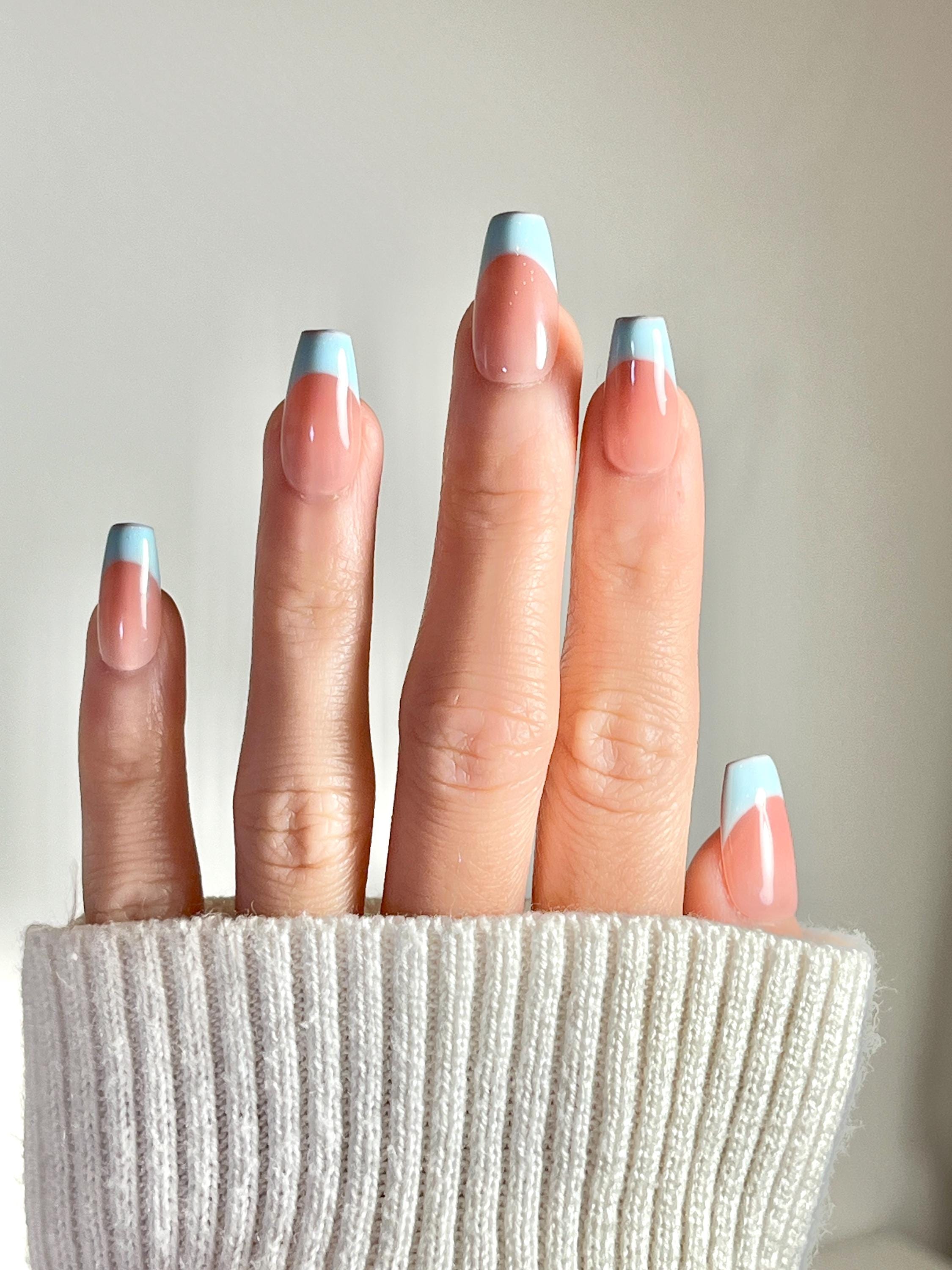 Light Blue French Tip Press on Nails | Classy Coffin Shape Nail Set - Etsy