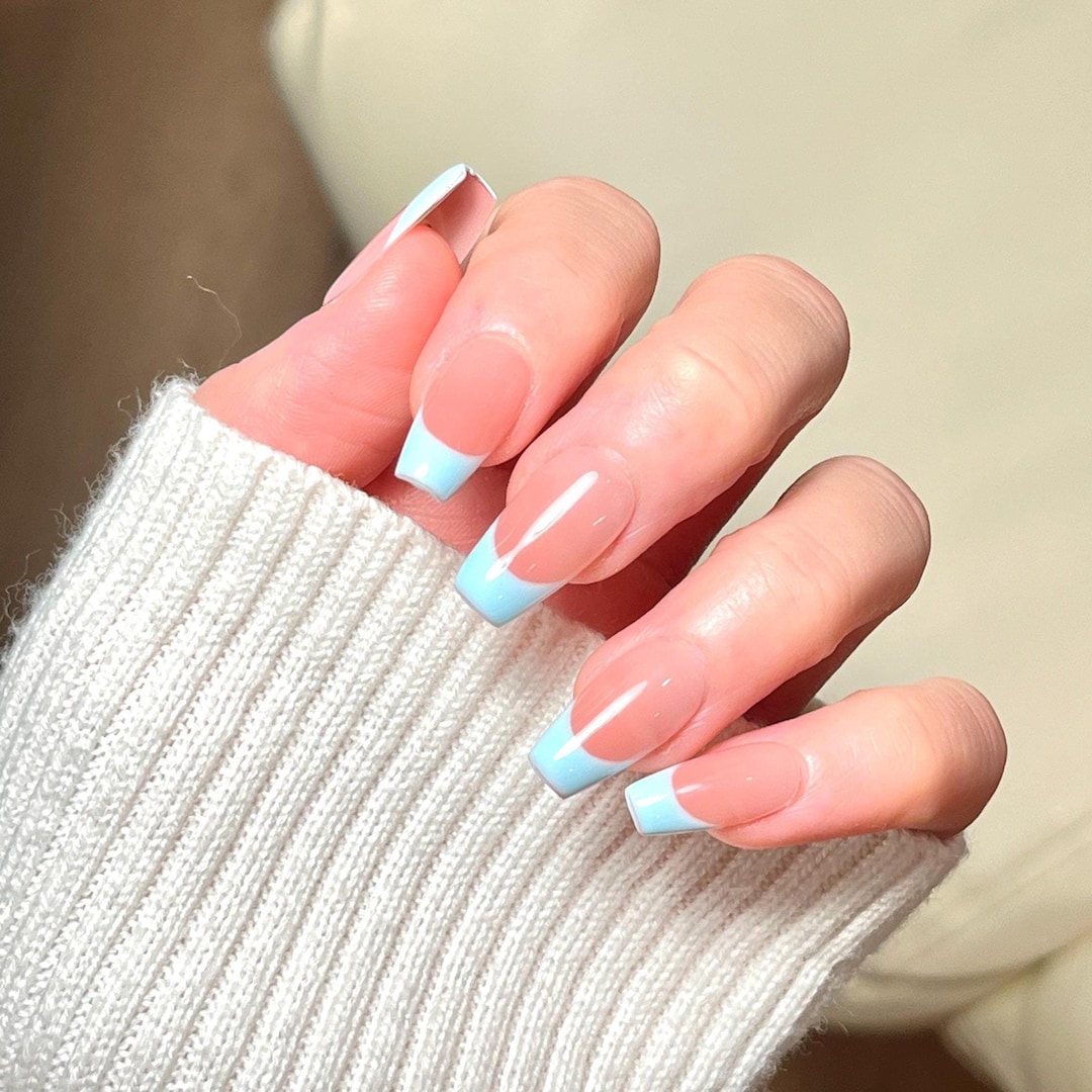 Light Blue French Tip Press on Nails | Classy Coffin Shape Nail Set - Etsy