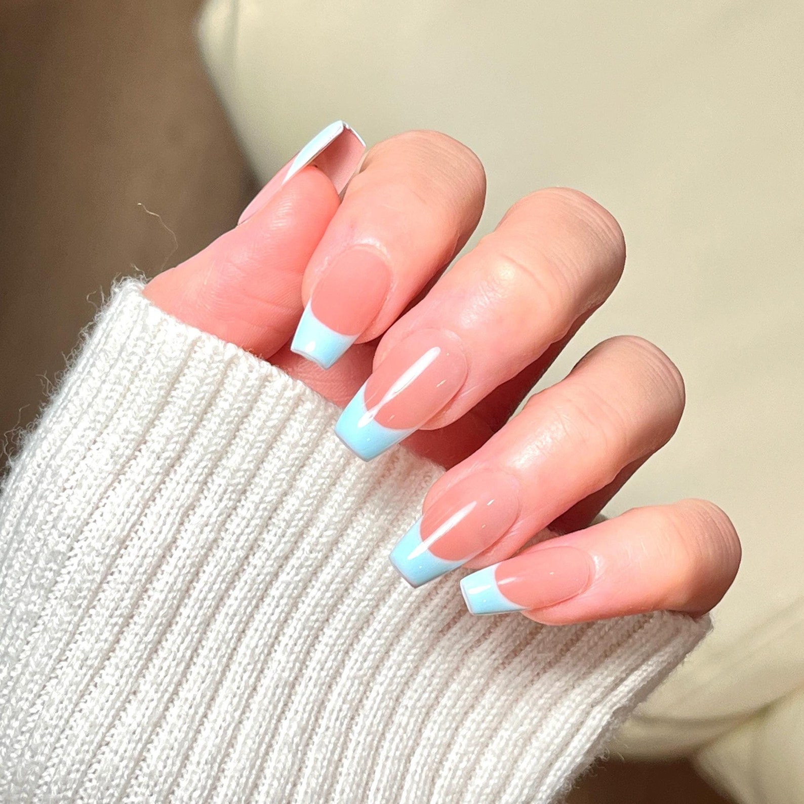 Light Blue French Tip Press on Nails | Classy Coffin Shape Nail Set - Etsy