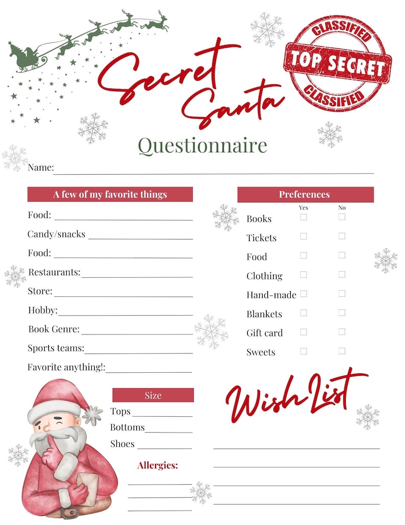Secret Santa Questionnaire Survey , PRINTABLE - Etsy