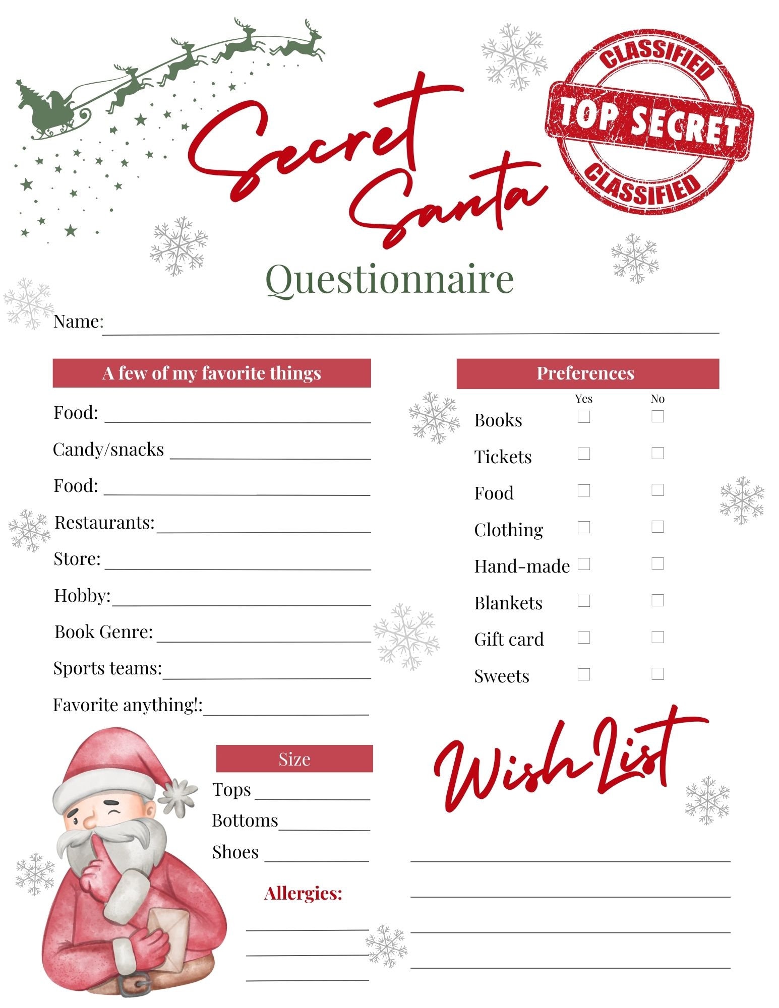 Secret Santa Questionnaire Survey , PRINTABLE - Etsy