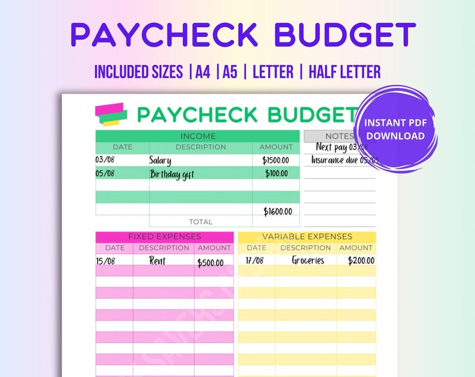 Bright Monthly Paycheck Budget, Monthly Spending Budget, Printable ...