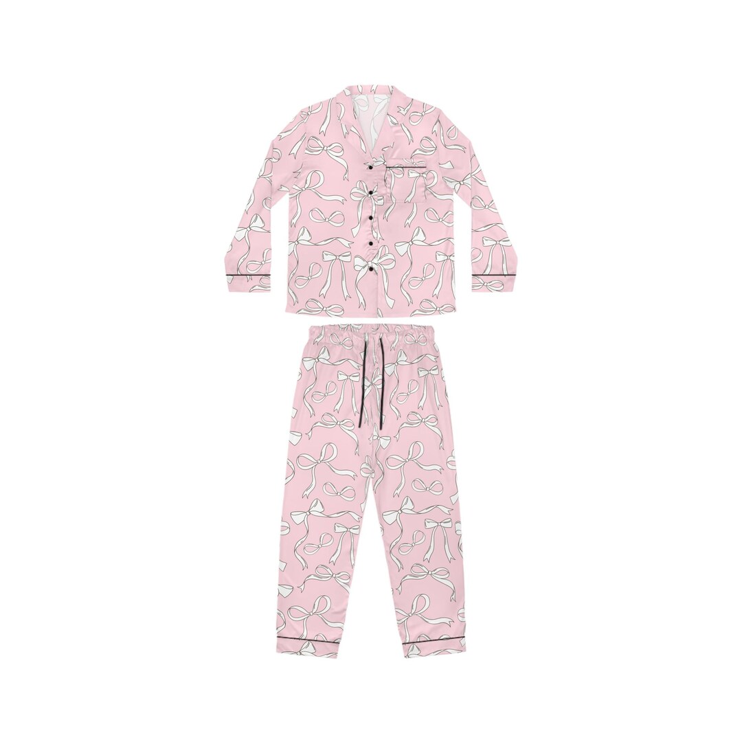 Pink Bow Satin Satin Pajamas, Satin Bow Pajamas, Pink Pajamas, Satin ...