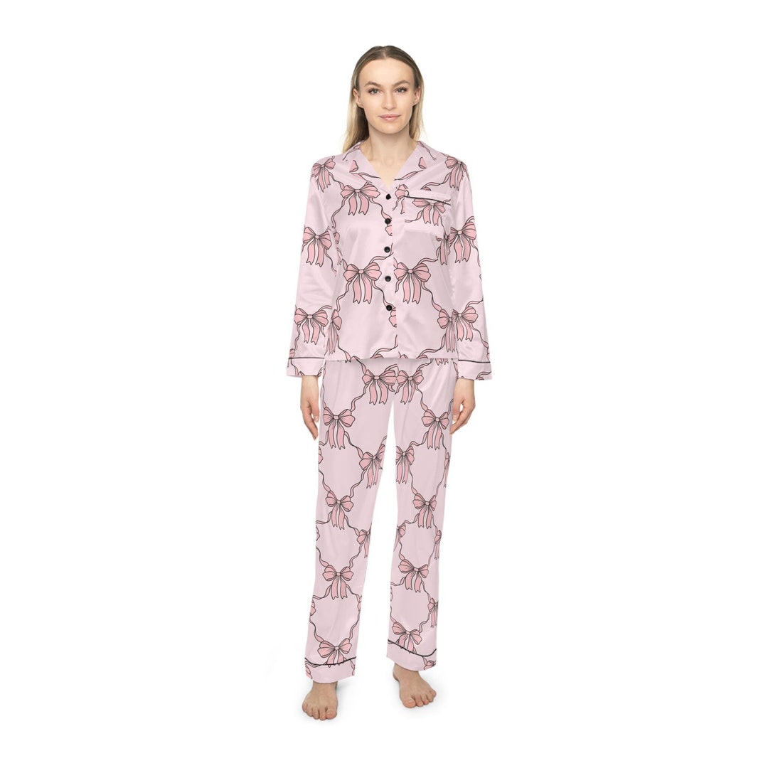 Women's Pink Bow Satin Pajamas, Soft Satin Pink Bow Pajamas, Valentines ...