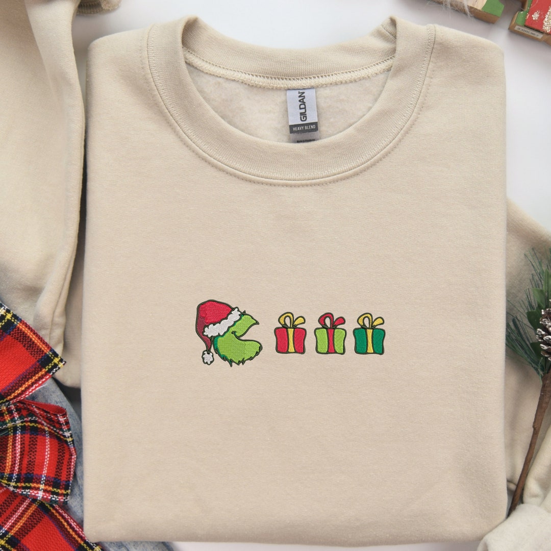 Embroidered Pac-man Christmas Presents Sweatshirt, Embroidered Pac-man ...