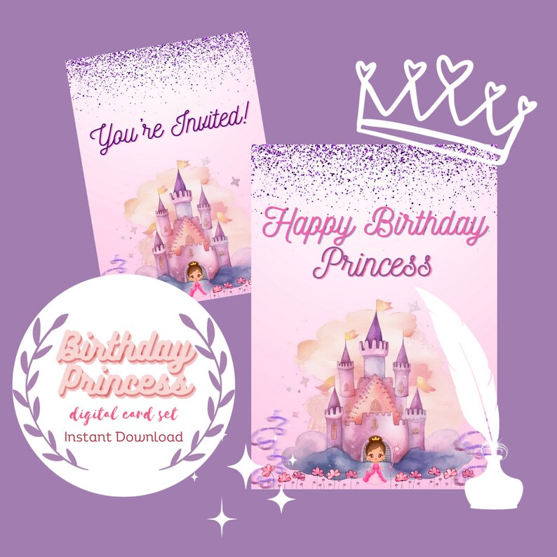 Printable Digital Princess Happy Birthday and Invitation Cards, Instant ...