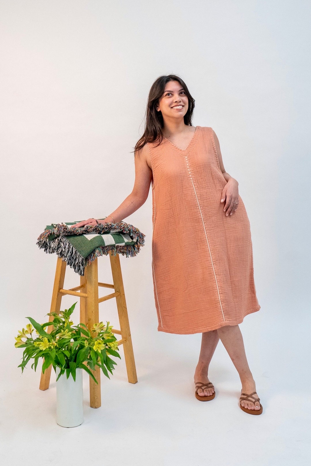 Handmade Pink V-neck Dress With Snake Stitch Lightweight Summer Dress ...