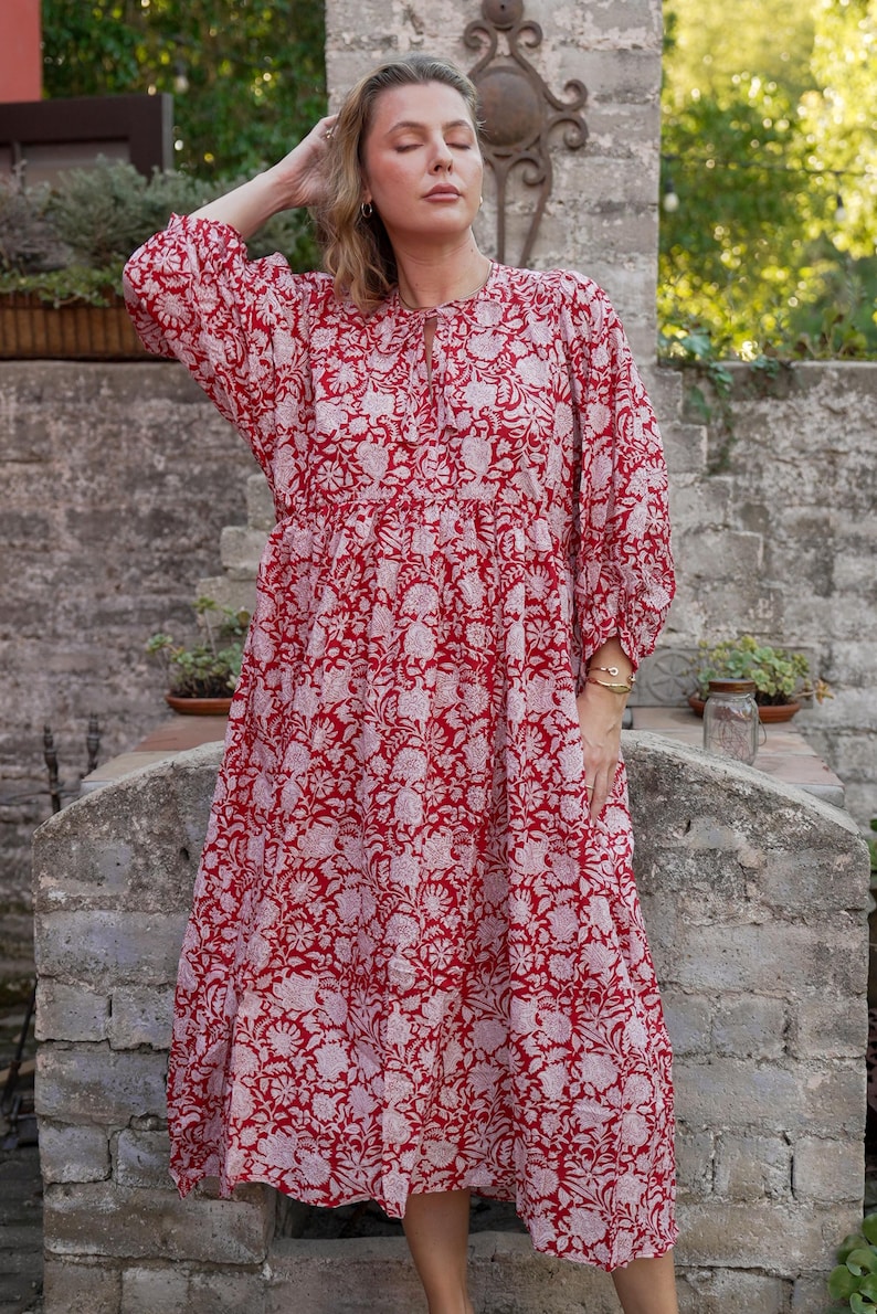 100% Cotton Indian Hand Block Printed Red Floral Midi Dress: Boho V ...
