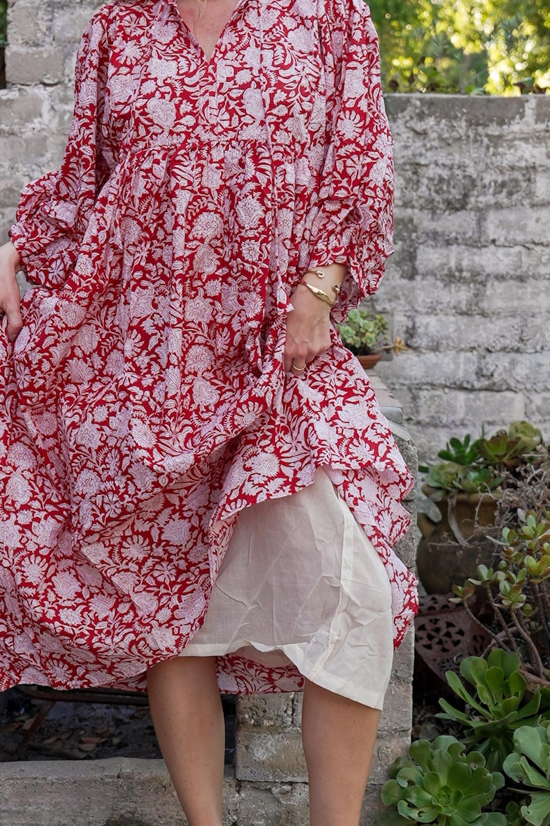 100% Cotton Indian Hand Block Printed Red Floral Midi Dress: Boho V ...