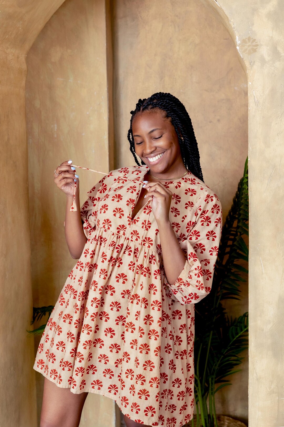 Block Print Cotton Mini Dress | Puff Sleeve, Tiered Skirt, Pockets, XS ...