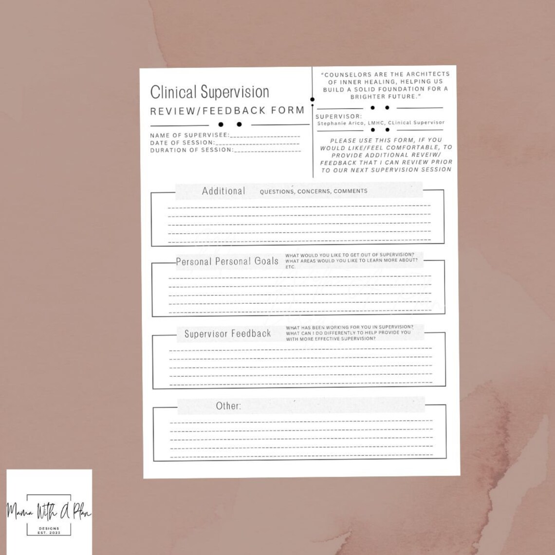 Clinical Supervision Session Form Note + Review/ Feedback Form ...