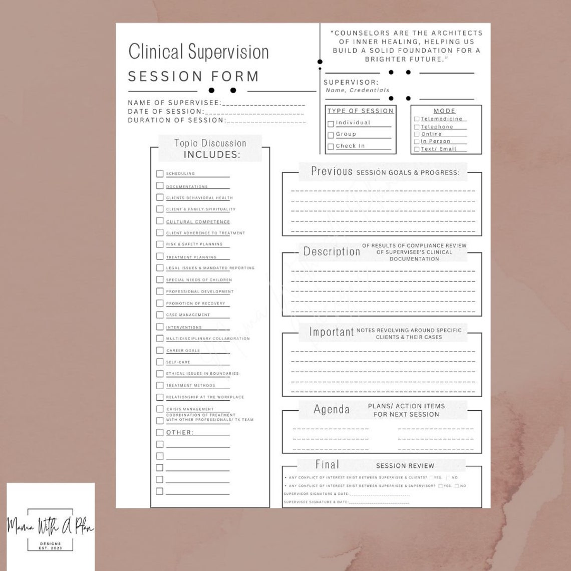 Clinical Supervision Session Form Note + Review/ Feedback Form ...