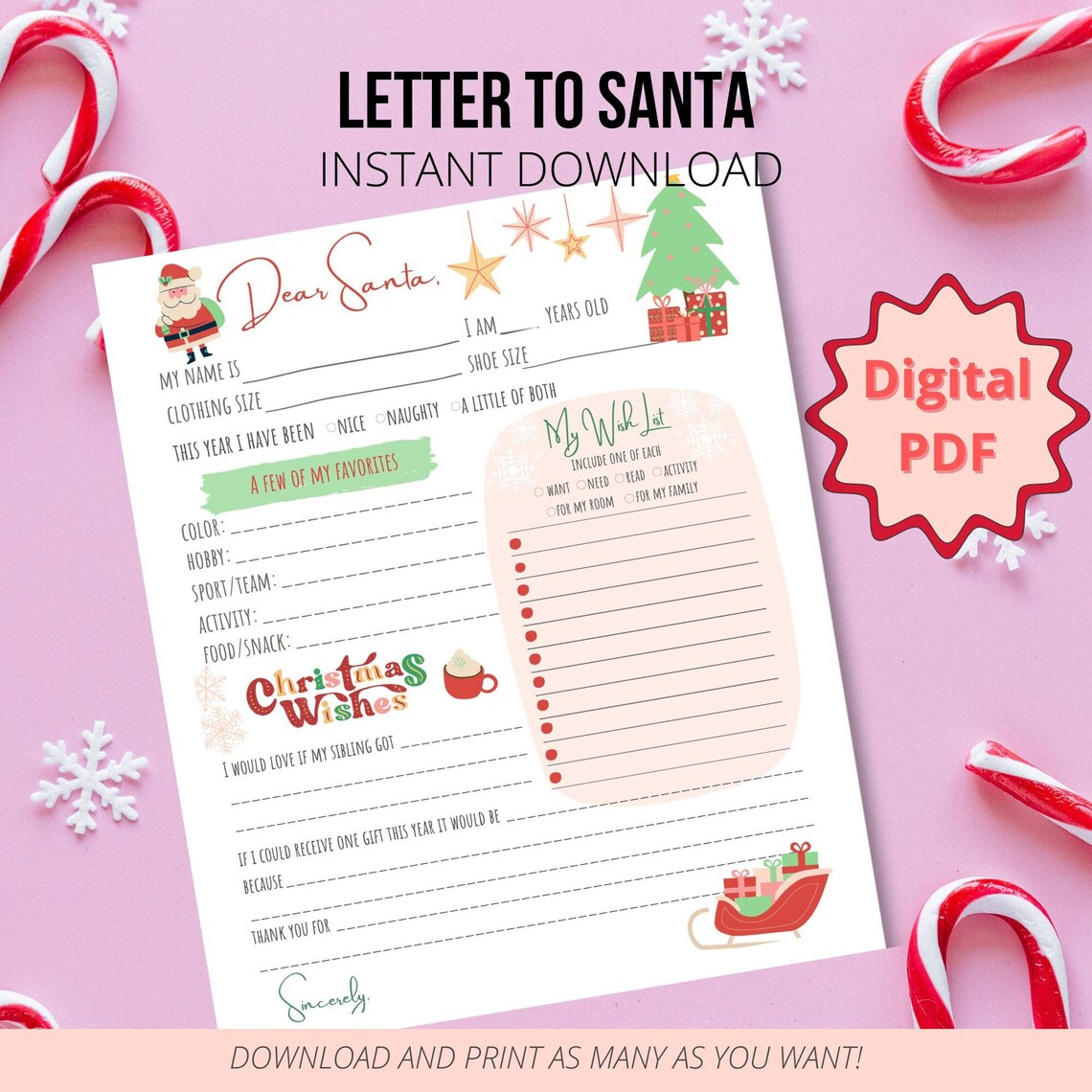 Letter to Santa, Kids Christmas List, Bonus Coloring Pages, Dear Santa ...