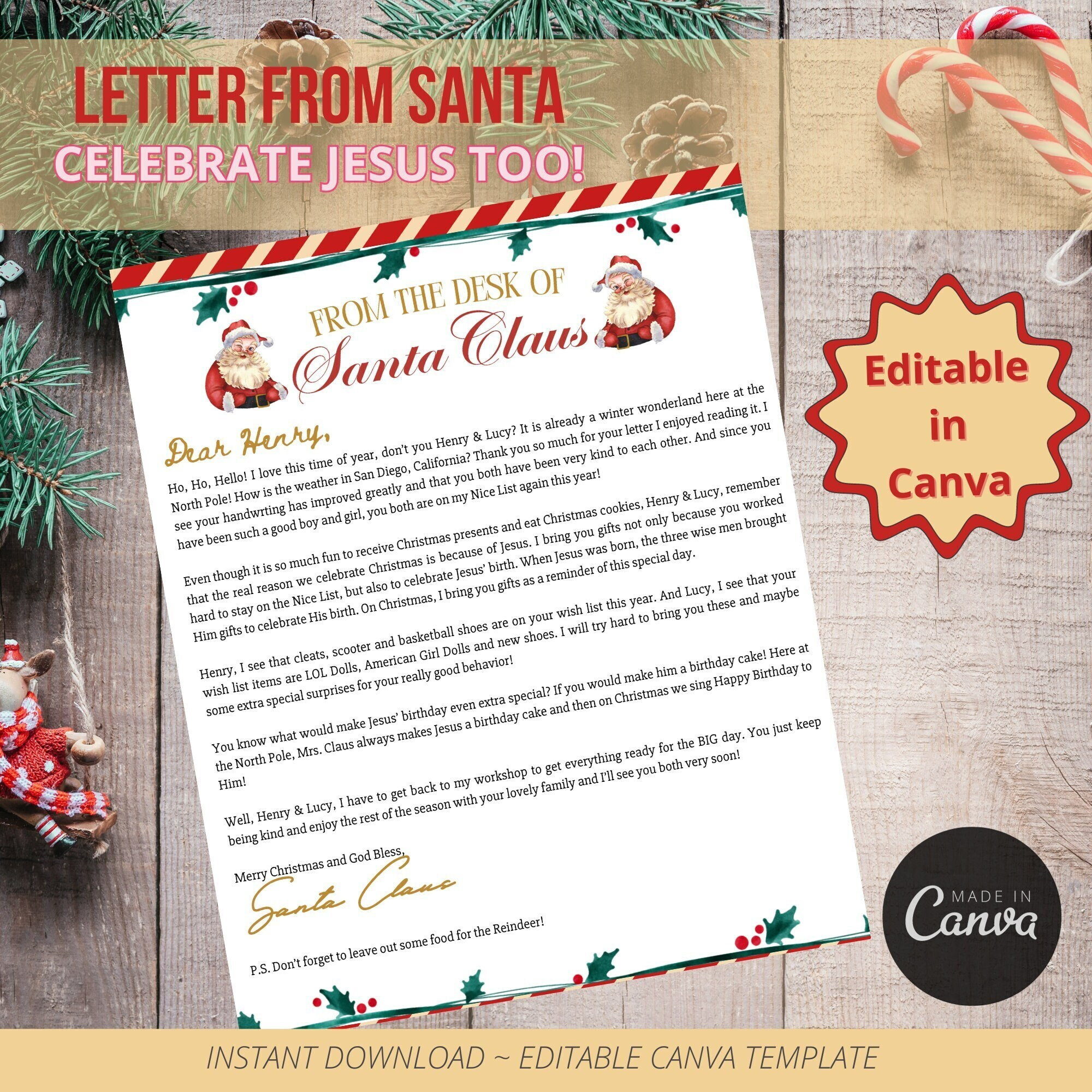 Letter From Santa, Editable Canva Template, Jesus is Reason for Season ...