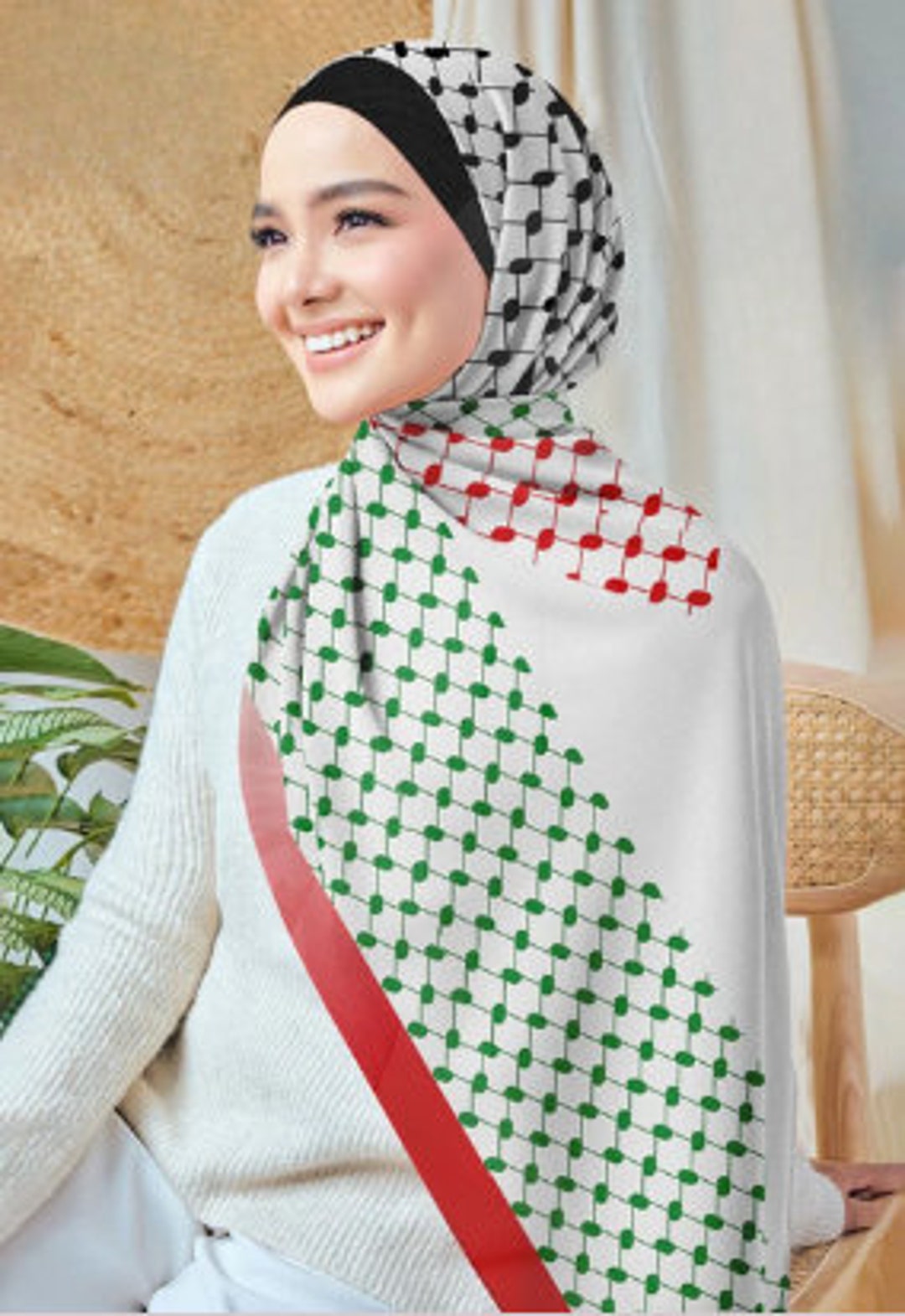 Heritage Keffiyeh Hijab With Vibrant Accent Stripe Free Palestine Hijab ...
