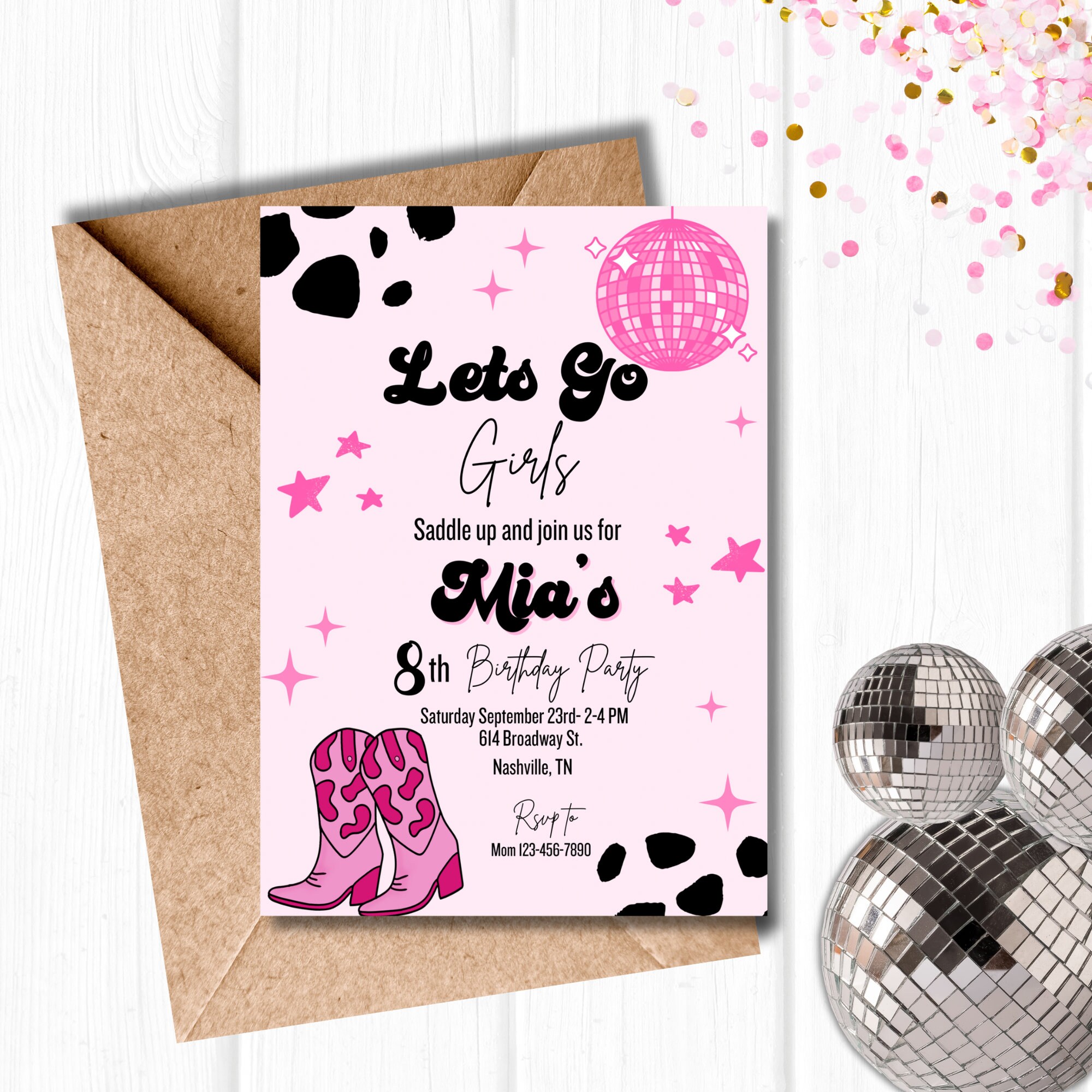Editable Disco Cowgirl Birthday Invitation Pink Cowgirl Editable