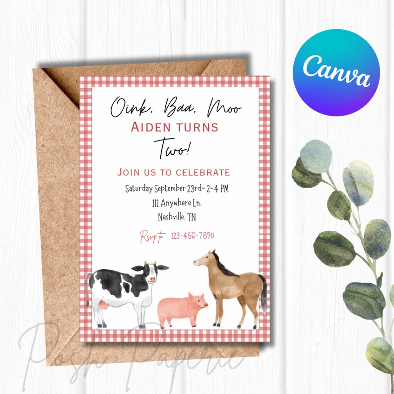 Farm Animal Editable Party Invitation, Oink Baa Moo, Printable Birthday ...