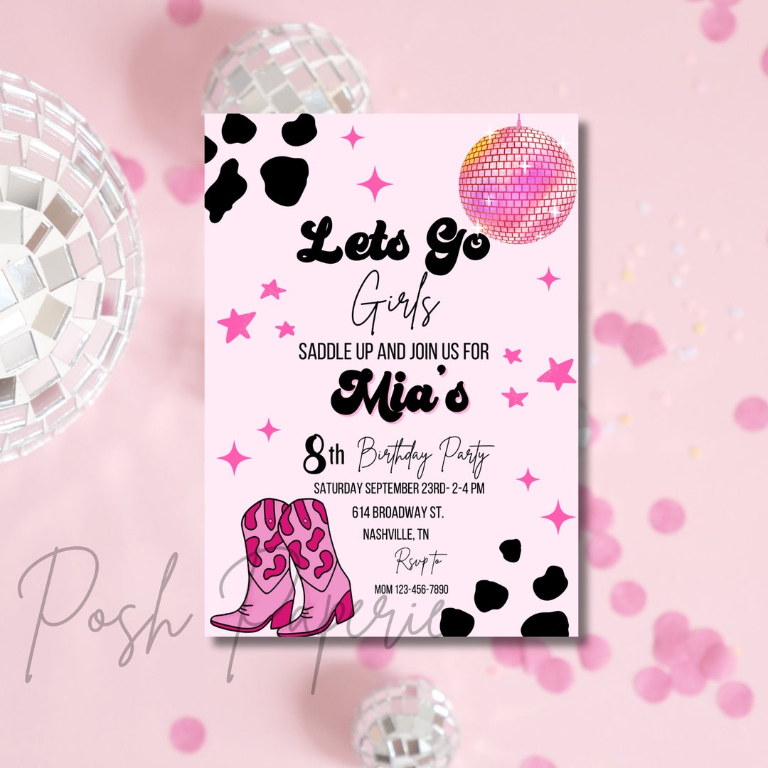 Disco Cowgirl Birthday Invitation: Pink Nashville Party (canva Template ...
