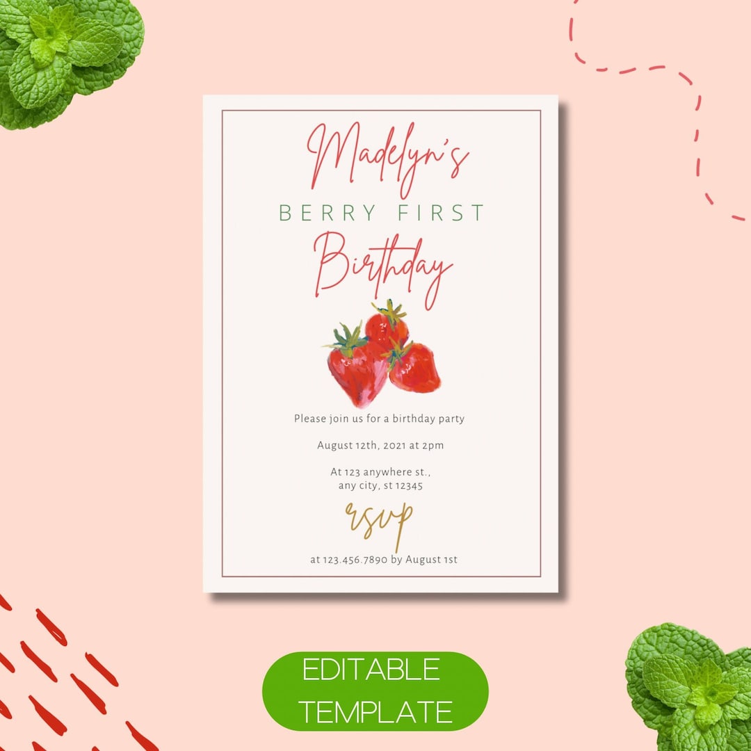 Berry First Editable Birthday Invitation - Customizable Canva Template ...