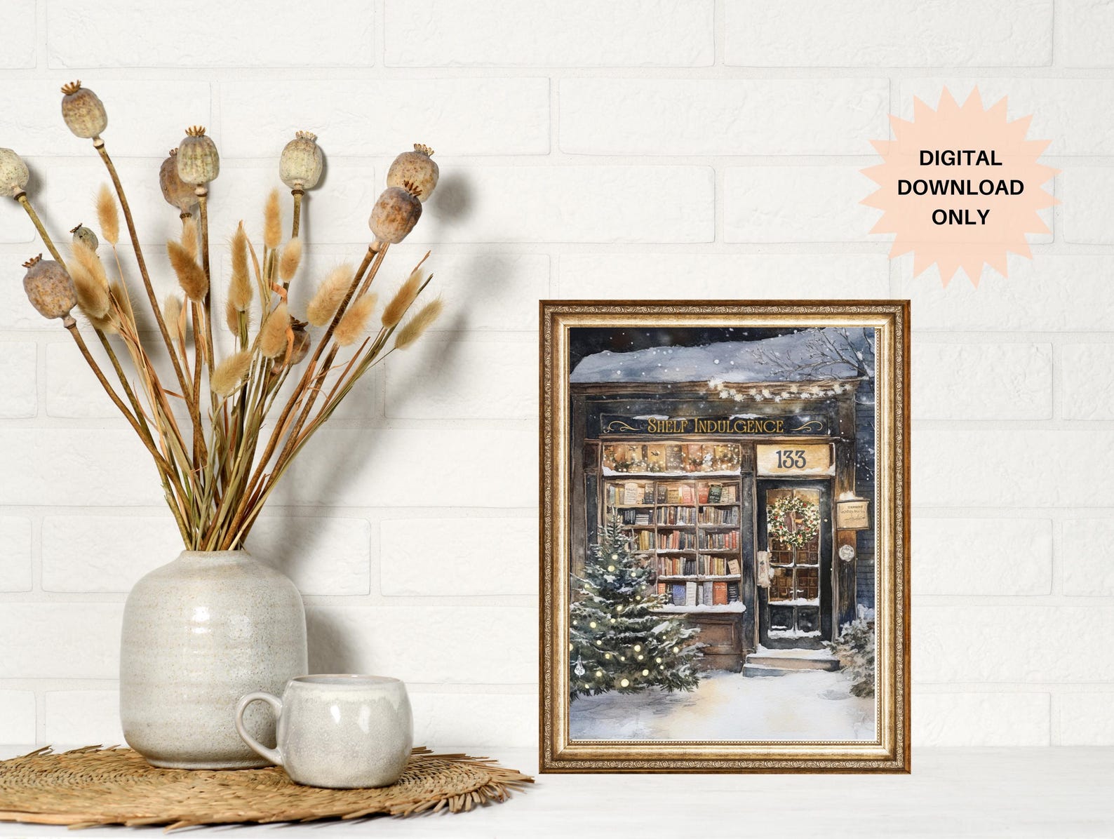 Christmas Bookstore Wall Art | Cozy Bookstore | Bookstore at Christmas ...